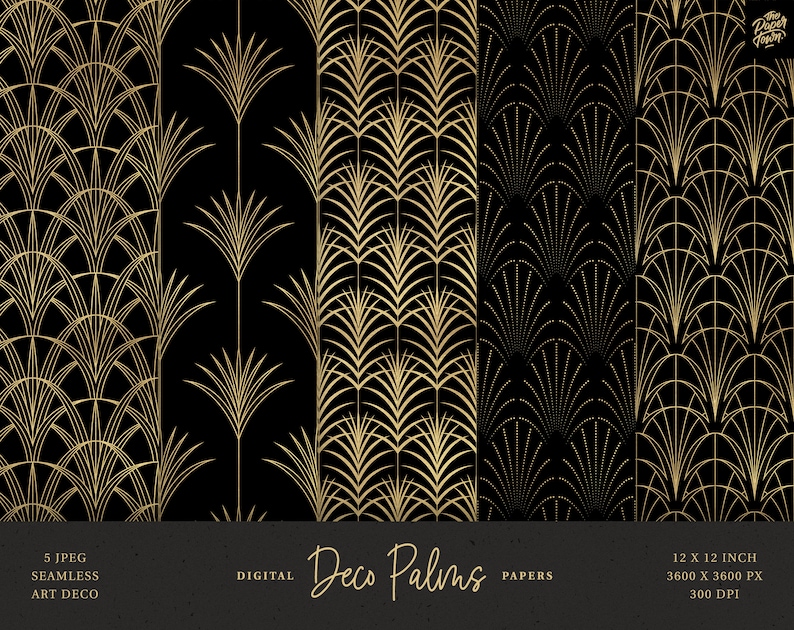 5 Art Deco Palms Gold and Black Digital Seamless Patterns Scrapbook ...