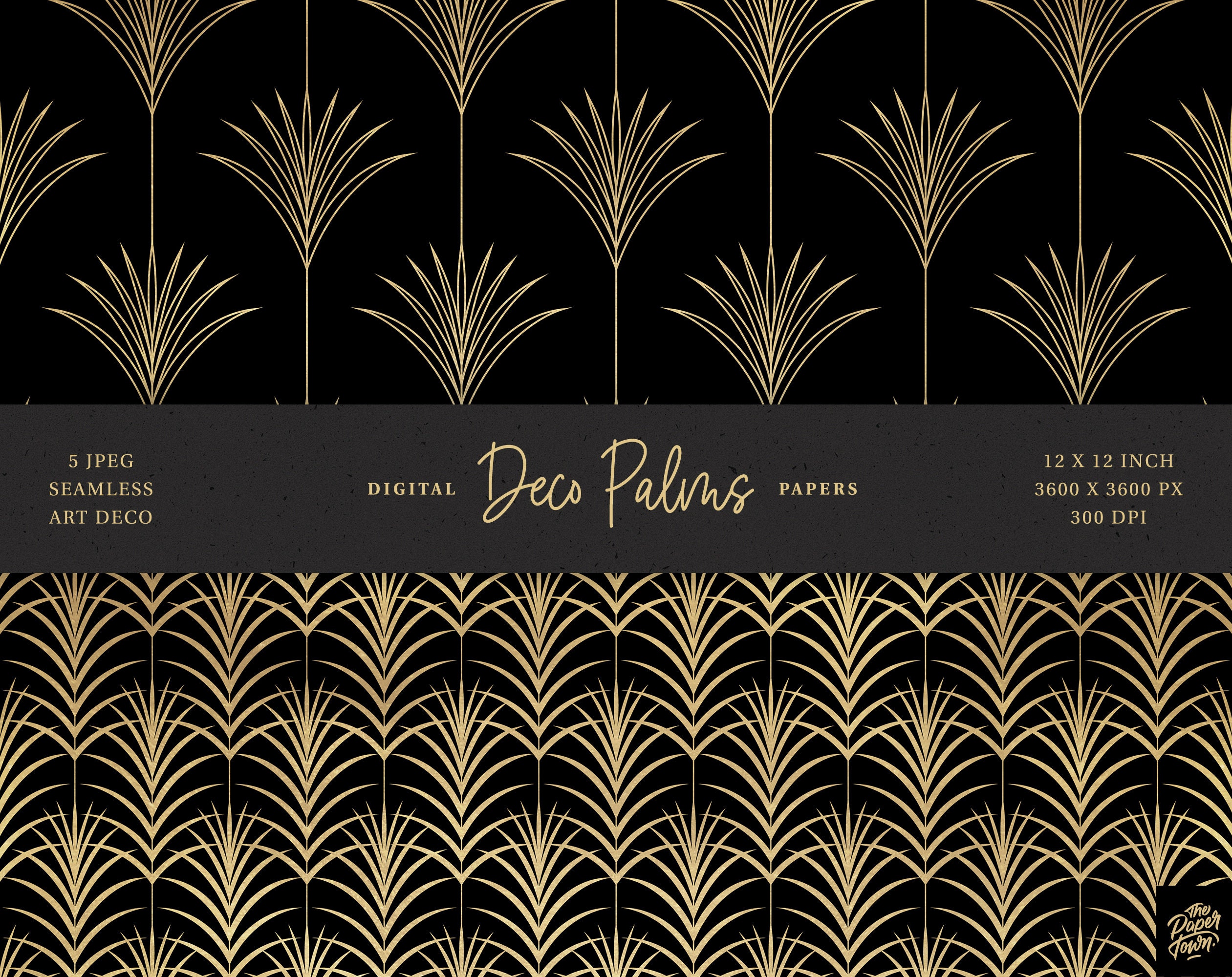 5 Art Deco Palms Gold and Black Digital Seamless Patterns Scrapbook ...
