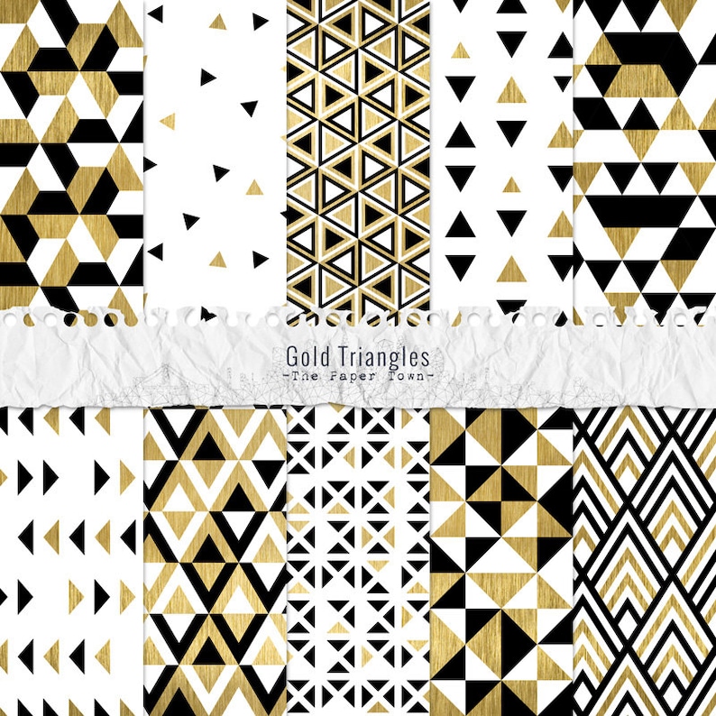 Digital Gold Foil Triangles Seamless Patterns, Black, White - 10 Party ...