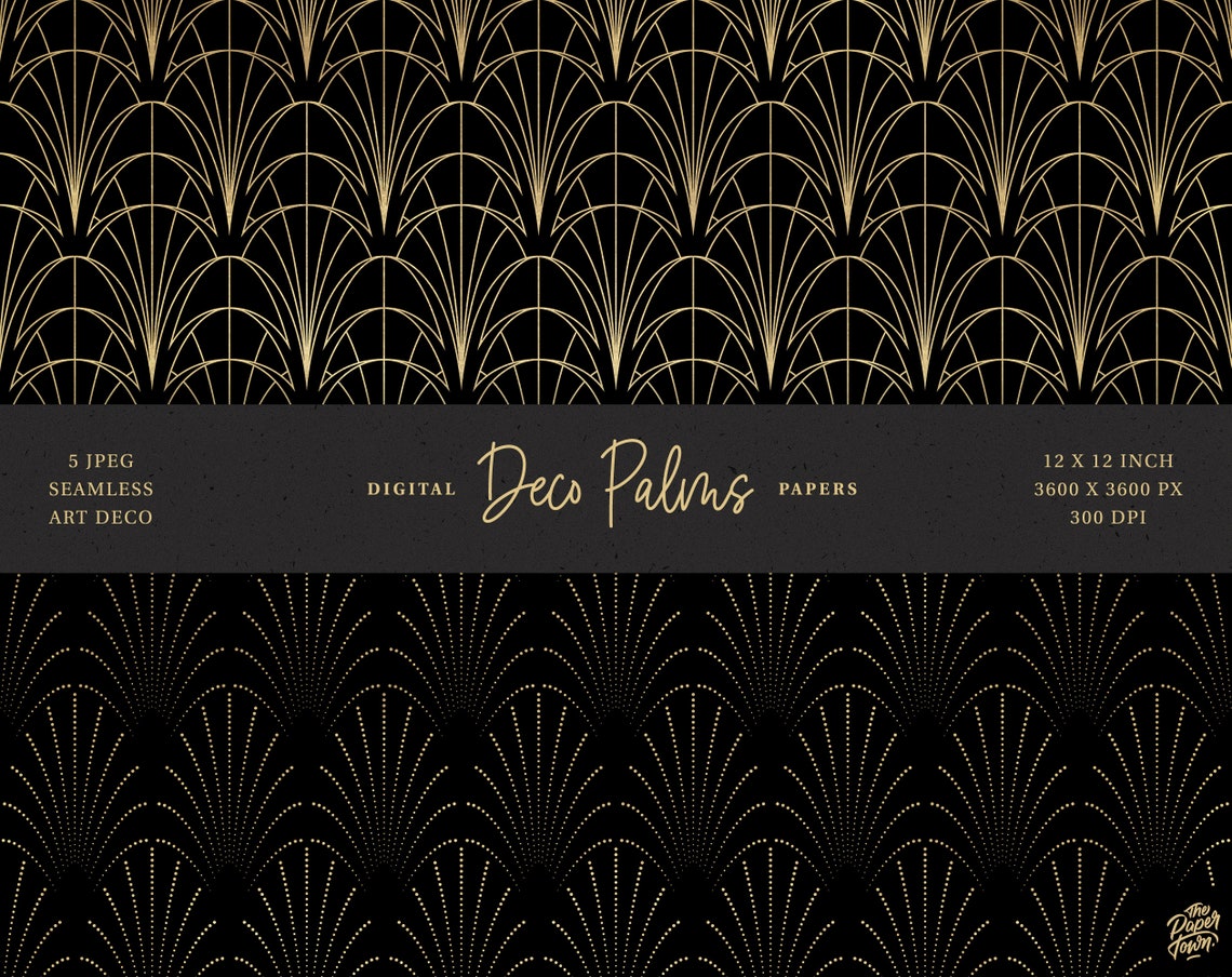 5 Art Deco Palms Gold and Black Digital Seamless Patterns Scrapbook ...