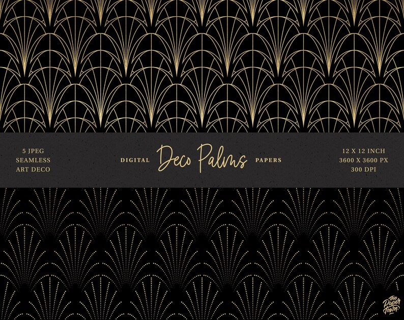 5 Art Deco Palms Gold and Black Digital Seamless Patterns Scrapbook ...
