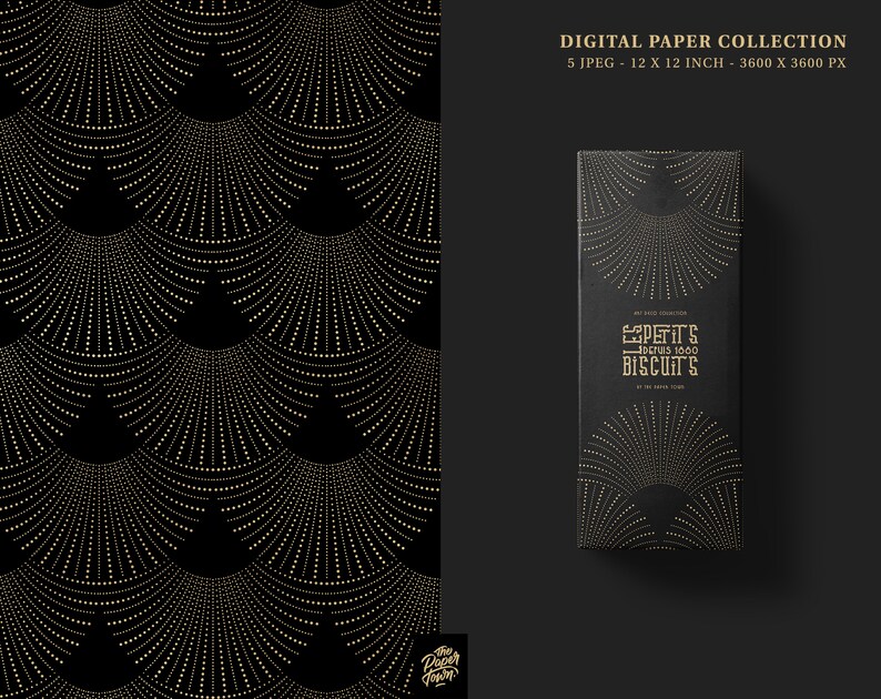 5 Art Deco Fans Gold and Black - Art Deco Digital Papers - Art Deco ...