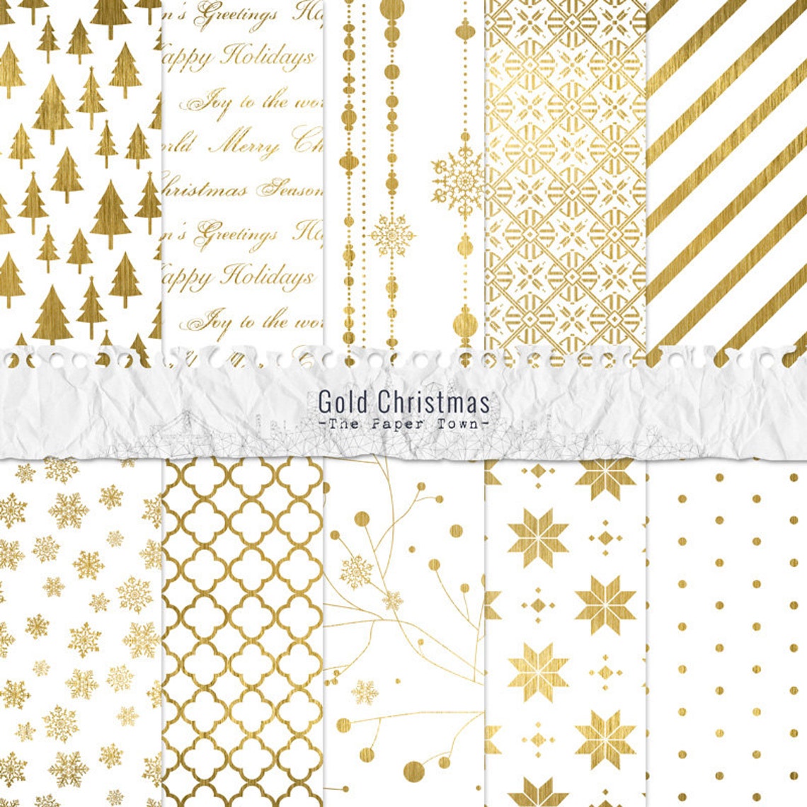 White and Gold Foil Christmas Digital Paper Pack - 10 Digital Gold ...