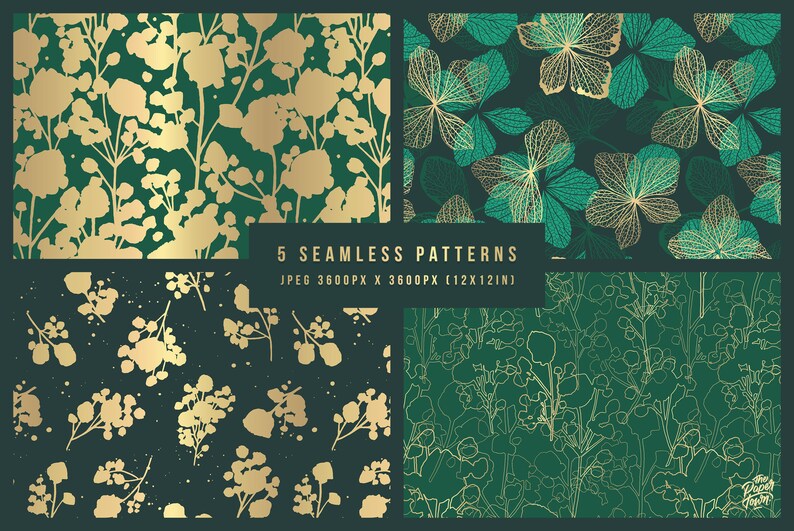 5 Luxury Floral Green and Gold Digital Scrapbook Papers - 5 Seamless ...