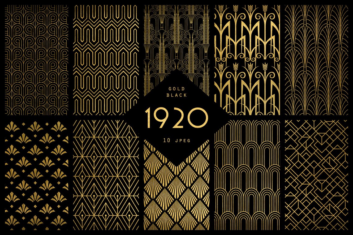 1920 Gold and Black Great Gatsby Digital Scrapbook Papers - 10 Art Deco ...