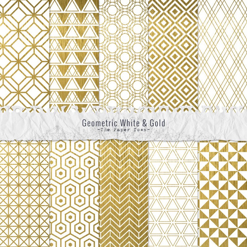 Seamless Geometric Patterns Digital Paper Pack in White and Gold - 10 ...