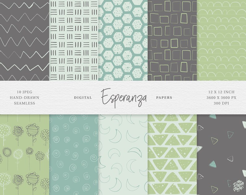 Shades of Green Seamless Hand Drawn Digital Papers - 10 Digital Free ...