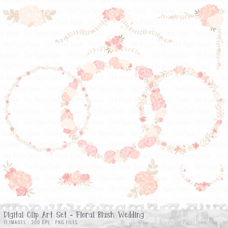 Blush Ivory Wedding Floral Wreaths, Roses and Peonies Clipart Set ...