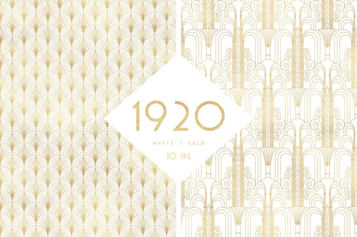 1920 White and Gold Seamless Art Deco Digital Scrapbook Papers - 10 ...