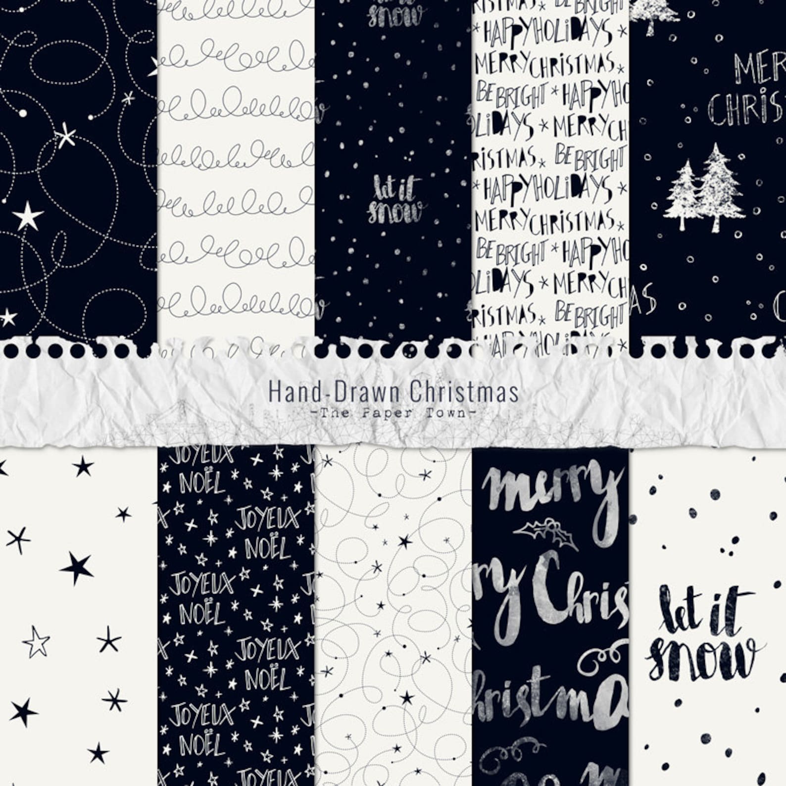 Seamless Hand Drawn Christmas Digital Papers, Blue Ink and Cream - 10 ...
