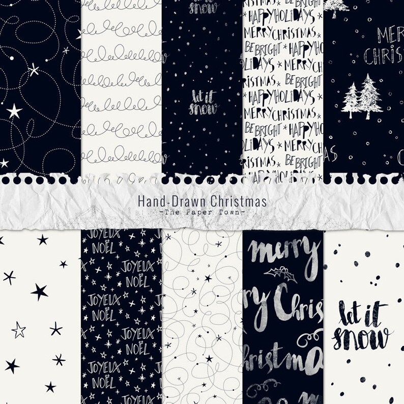 Seamless Hand Drawn Christmas Digital Papers, Blue Ink and Cream - 10 ...