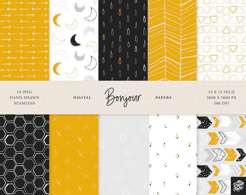 Seamless Hand Drawn Digital Paper Pack, Black and Mustard - 10 Digital ...