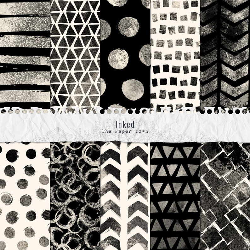 Black Ink Brush Strokes Digital Paper Pack - 10 Digital Geometric Ink ...