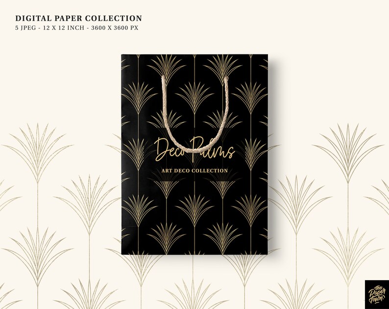 5 Art Deco Palms Gold and Black Digital Seamless Patterns Scrapbook ...