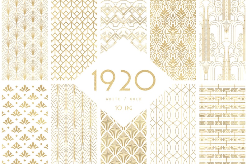 1920 White and Gold Seamless Art Deco Digital Scrapbook Papers - 10 ...