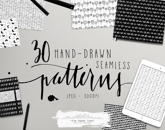 20% OFF Seamless Hand Drawn Digital Papers Black and White | Etsy