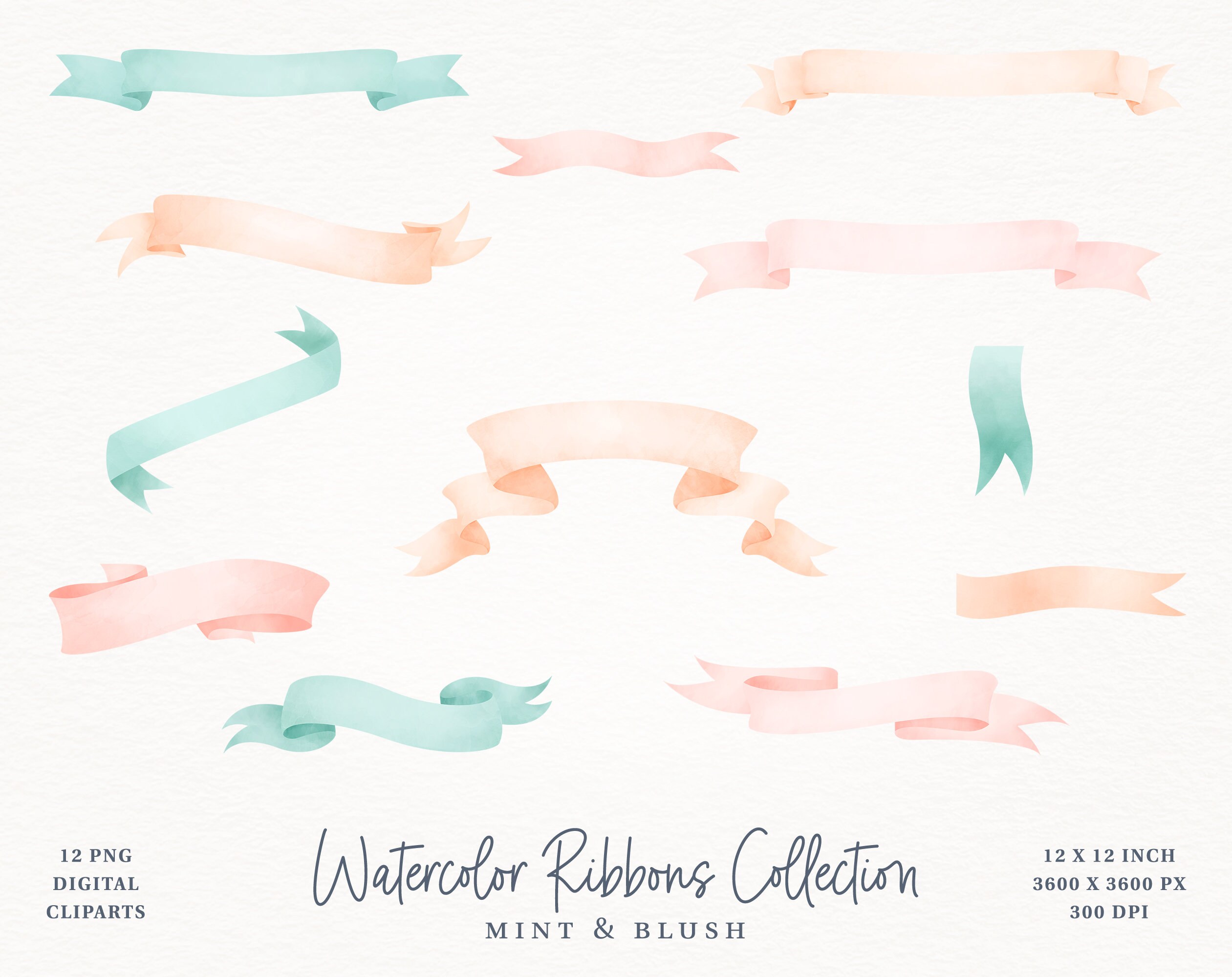 Watercolor Ribbon Banner, Digital Watercolor Ribbon Banners, 12 Mint ...