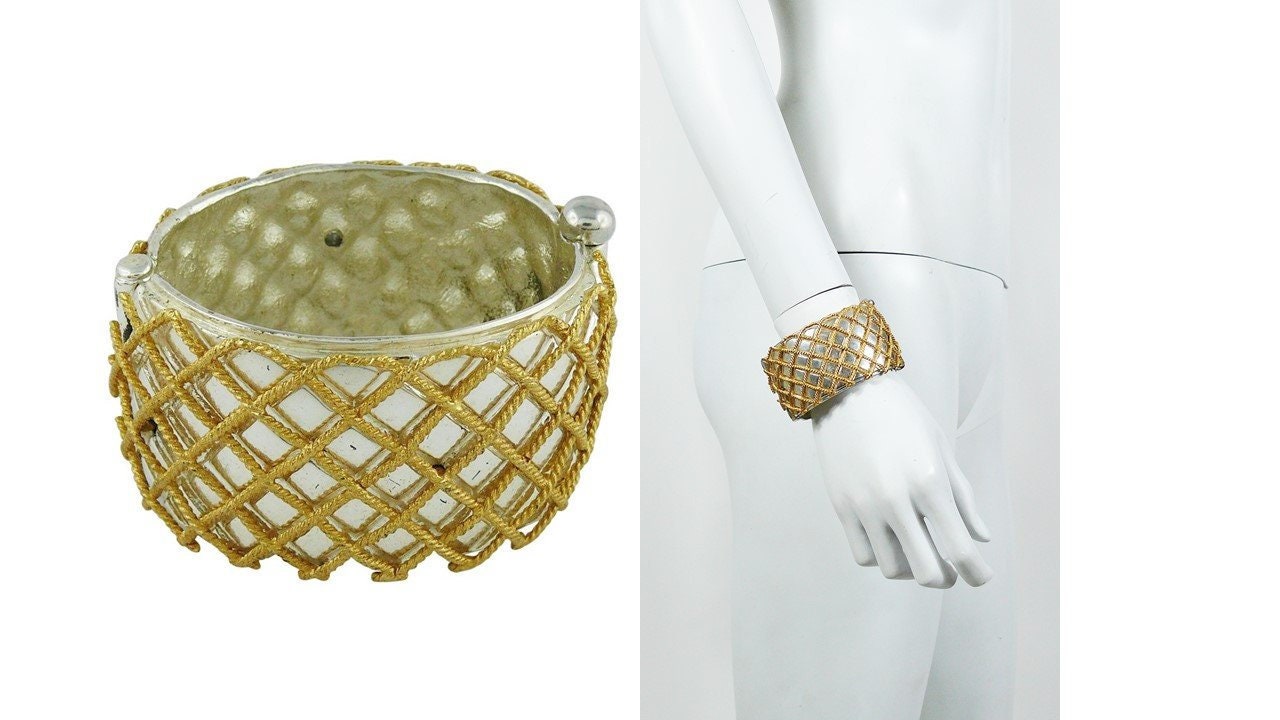 YVES SAINT LAURENT Vintage Two Tone Grid Design Cuff Bracelet - Etsy