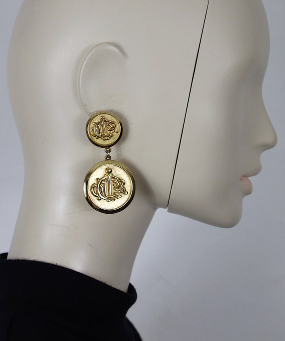 CHRISTIAN DIOR * Vintage Gold Tone Logo Dangling Earr… - Gem