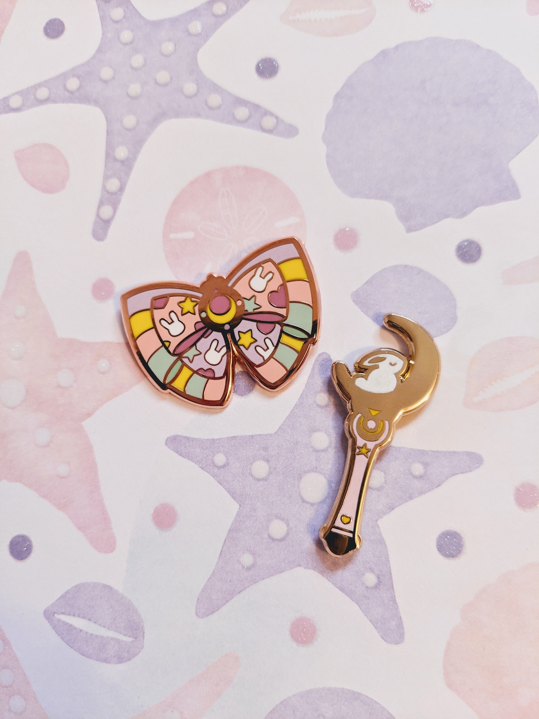 Moon Combo Pin Set, Moon Stick Bunny, Double Bow, Hard Enamel Pin (set ...