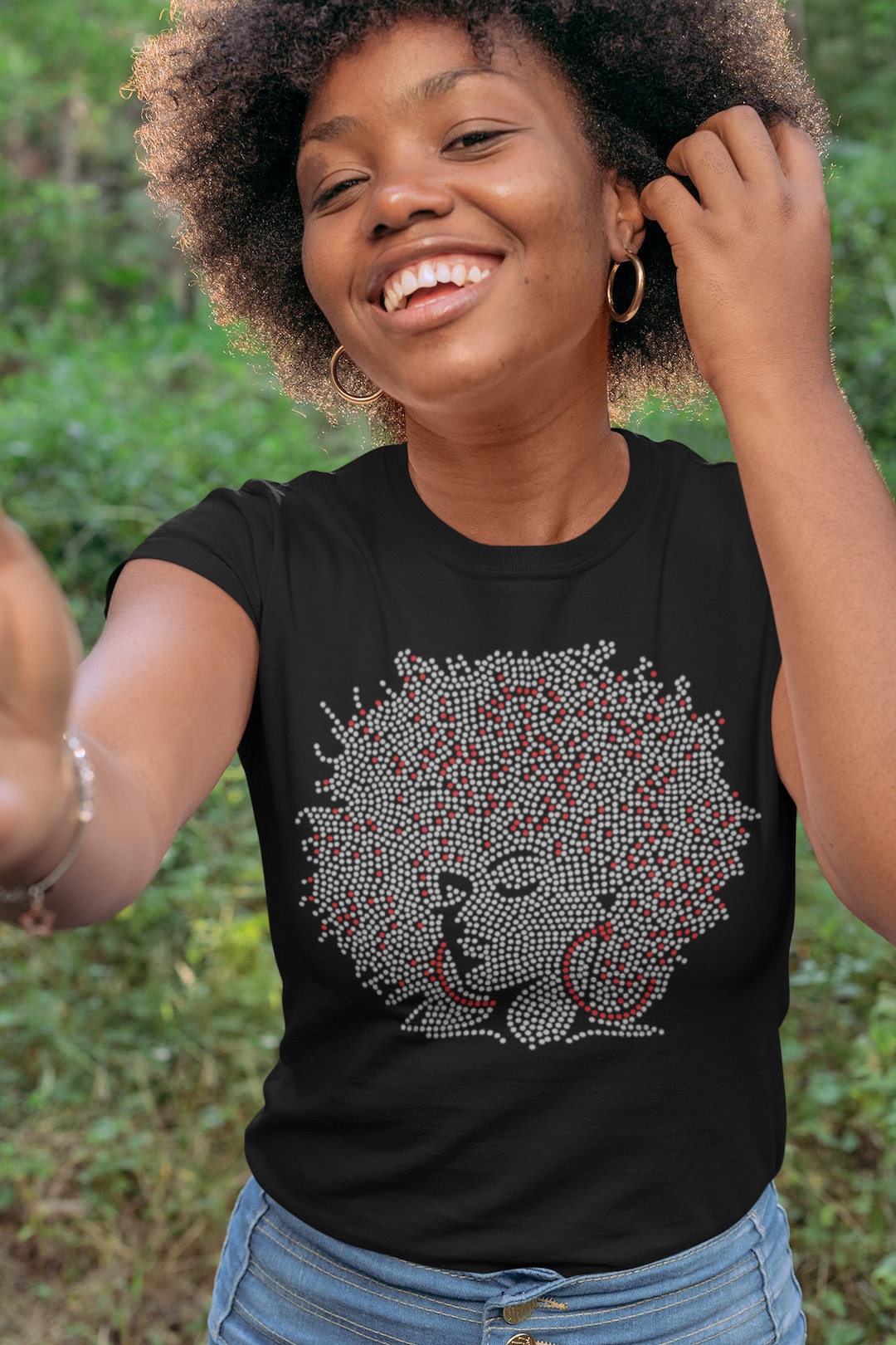 Afro Lady Rhinestone Shirt, Rhinestone Shirts, Bling Shirt, Black ...