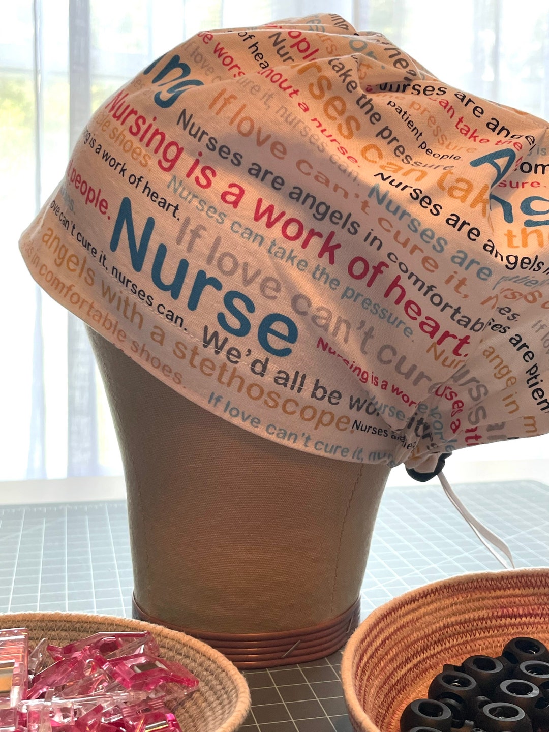 Nurse Word Art Euro Style Scrub Hat for Longer Hair, Adjustable, Nurse ...