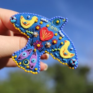 Bird Brooch, Blue Embroidered Brooch - Etsy
