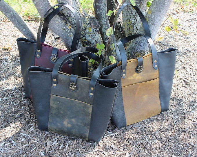 Two-tone Distressed Leather Tote Bag - Etsy