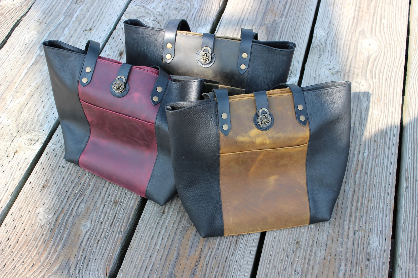 Two-tone Distressed Leather Tote Bag - Etsy