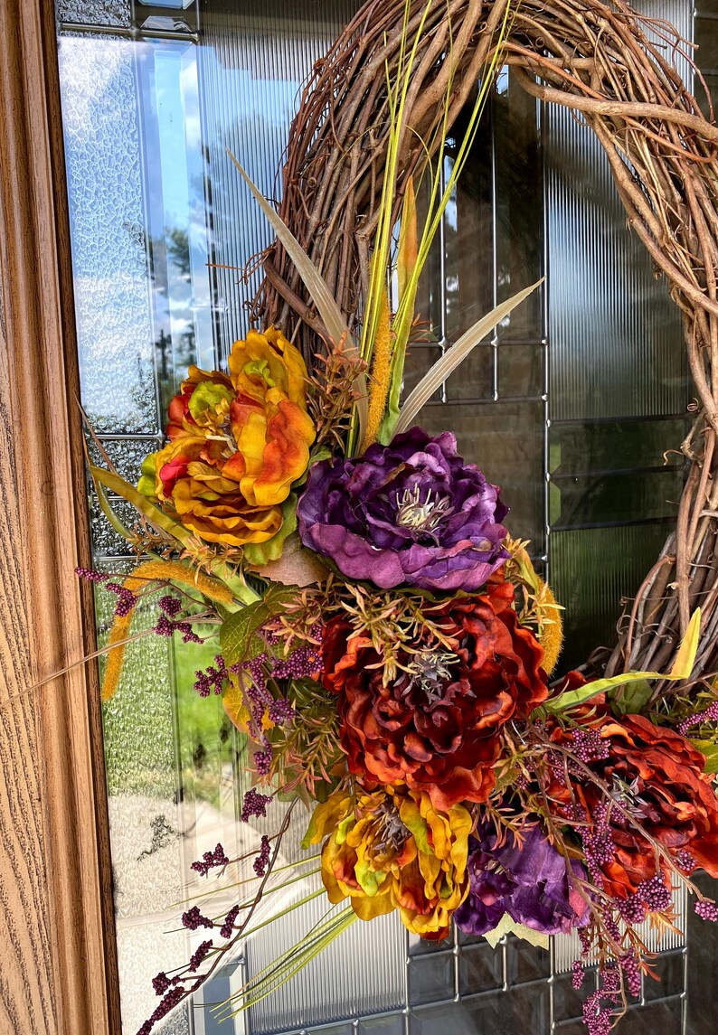 Fall Wreath in Rust and Plum on an Oval Grapevine, Fall Door Wreath ...