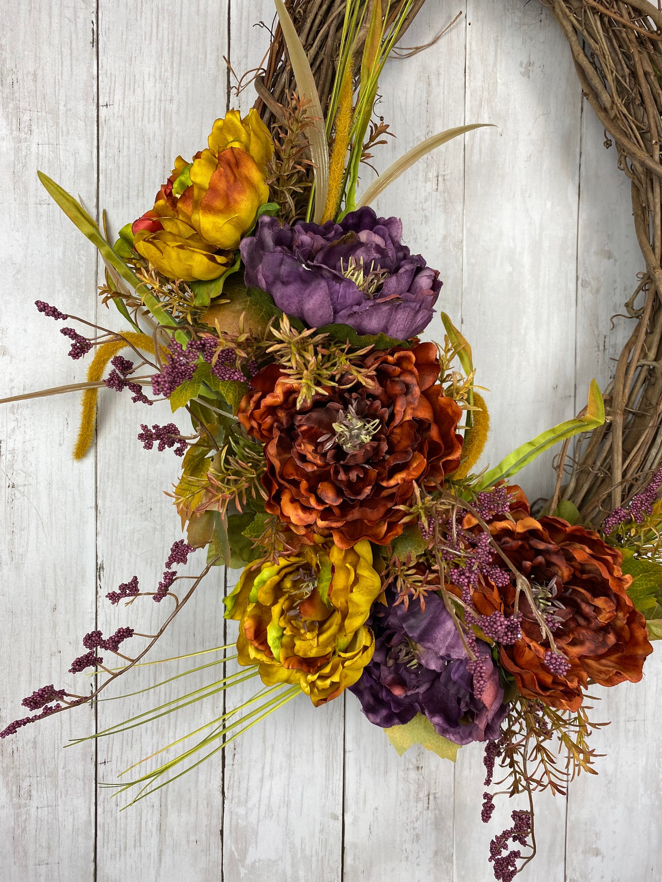 Fall Wreath in Rust and Plum on an Oval Grapevine, Fall Door Wreath ...