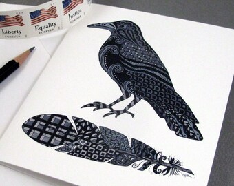 Black Raven Crow Note Card Set of 10 in White or Light Ivory - Etsy