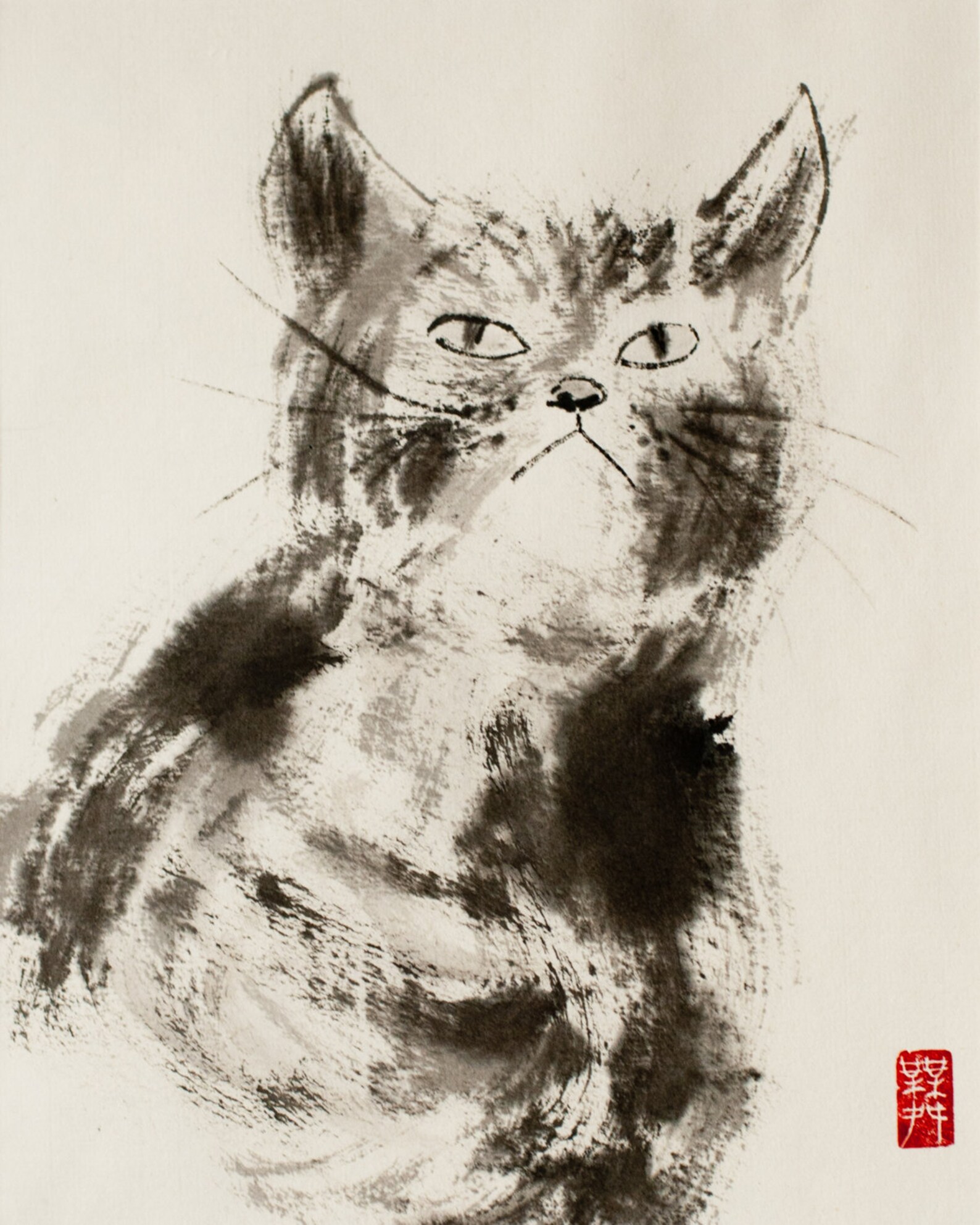 Print: cat, Wondering, Japanese Ink Drawing, Sumi-e - Etsy