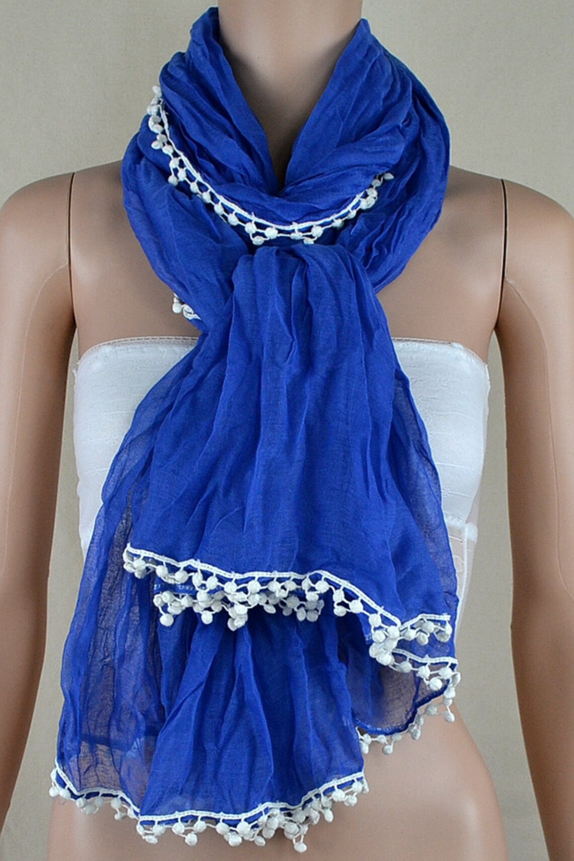 Cowboy blue cotton scarf natural drape scarf white lace | Etsy