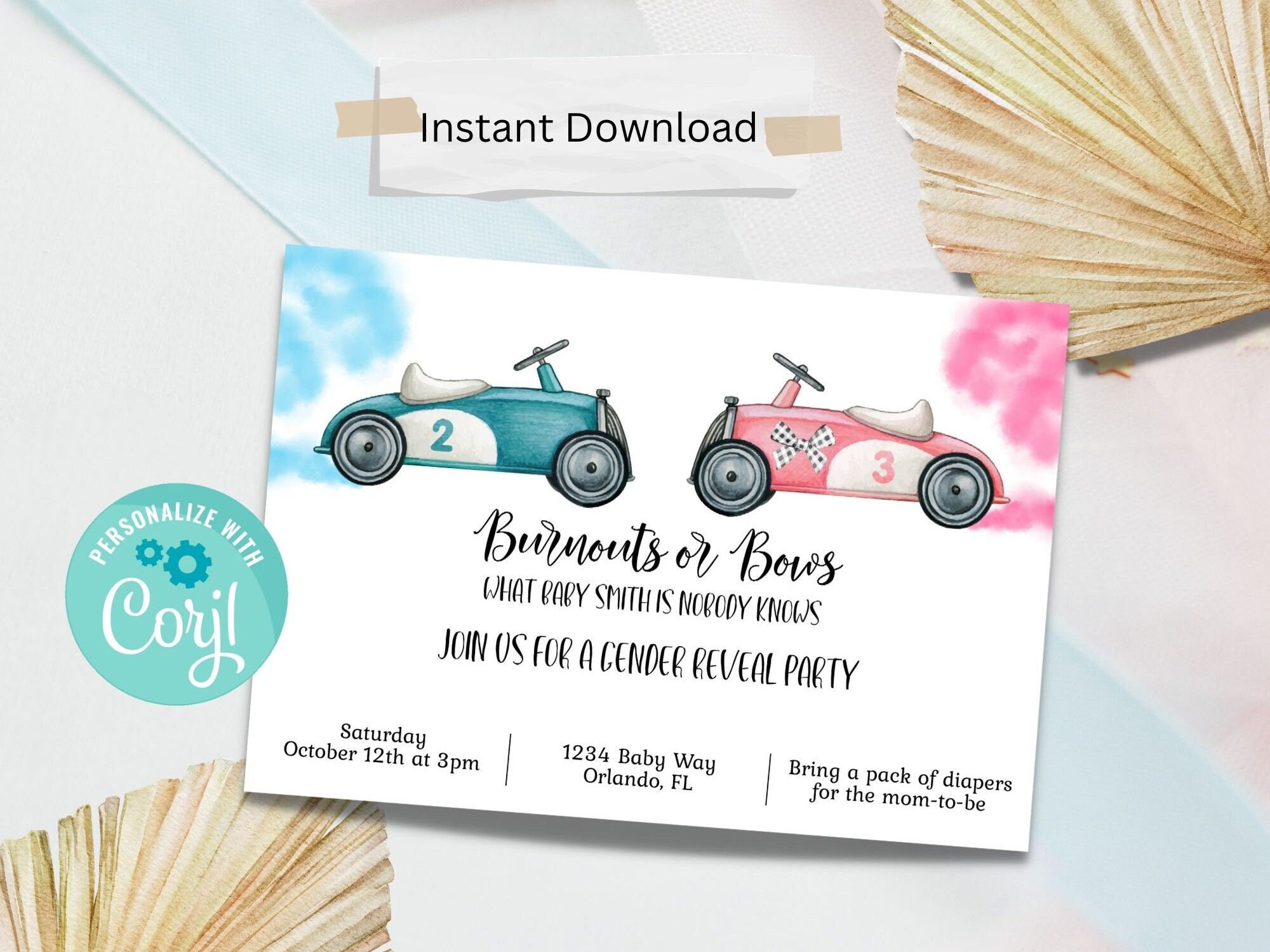 Burnouts or Bows Gender Reveal Invitation: Race Car Theme (digital ...
