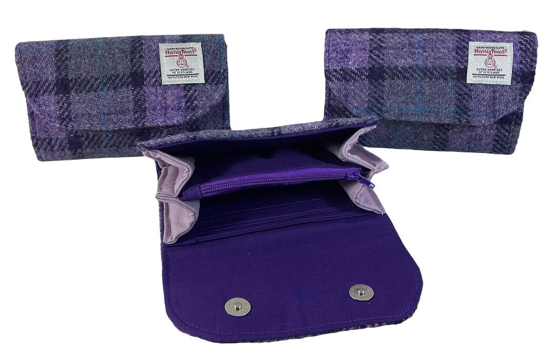 Harris Tweed Concertina Purse in Purple Check Wool Fabric, Coin and ...