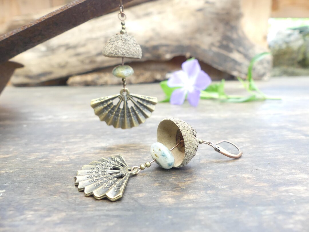 Asian Poem Fan Earring, Agate Stone and Natural Wood Shell | Zen Women ...
