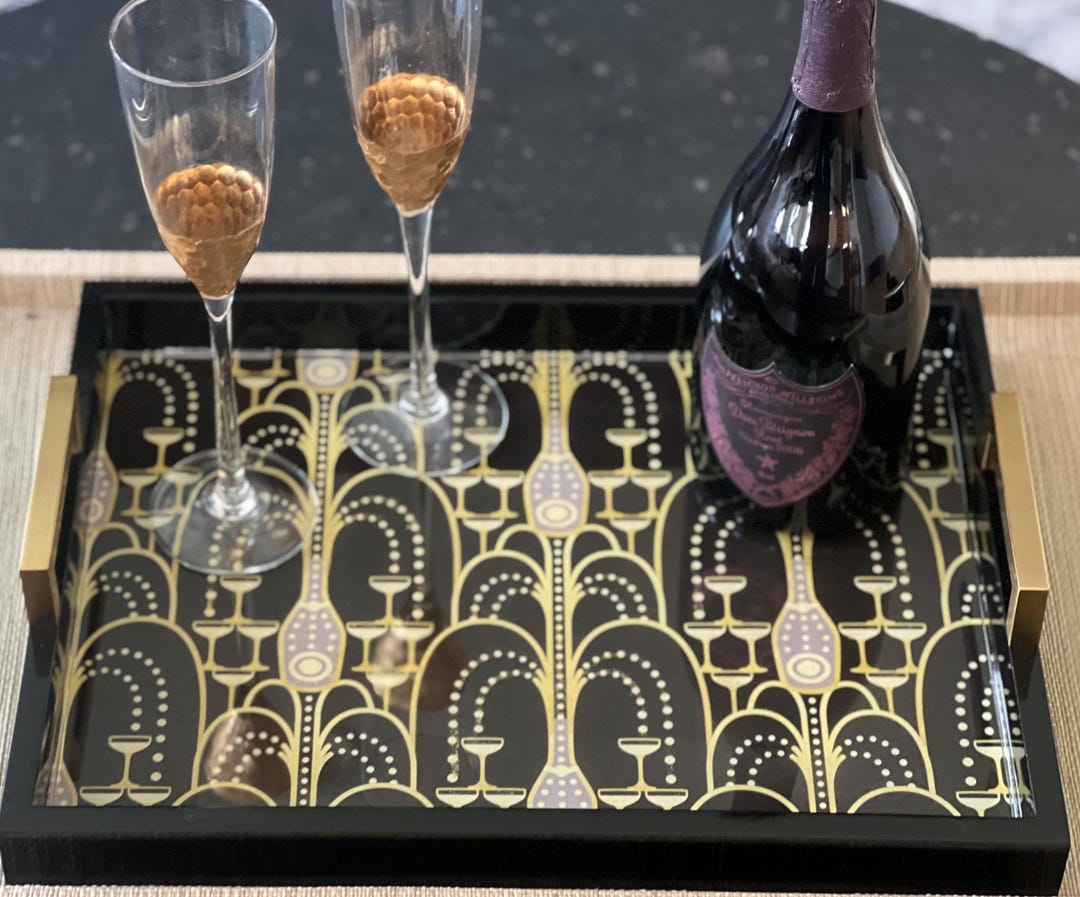 Happy New Year Art Deco Black and Brass Champagne Serving Tray Ready to ...