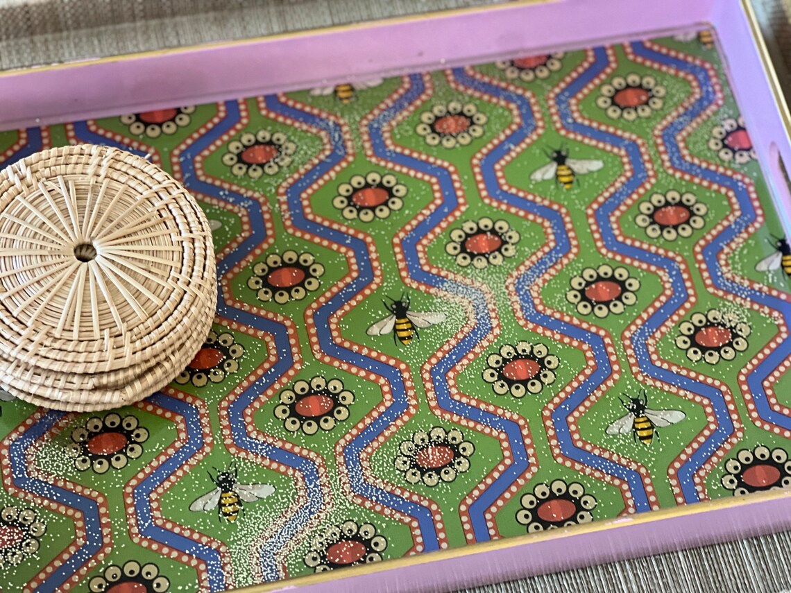 GUCCI Wallpaper Serving Tray Pink With Gold Trim Made to Order - Etsy