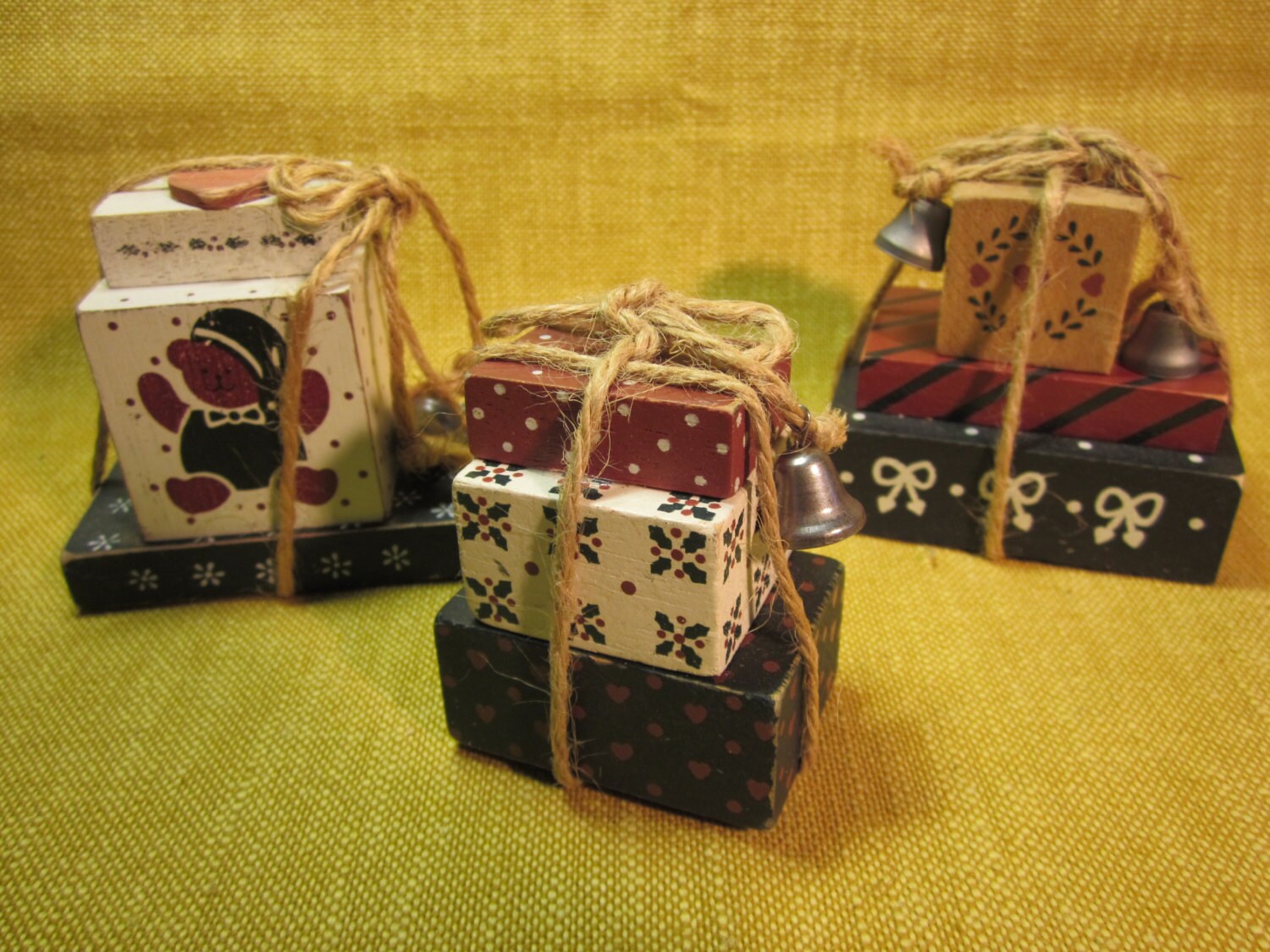 3 Painted Wooden Block Gift Package Ornaments Tied With Bells - Etsy