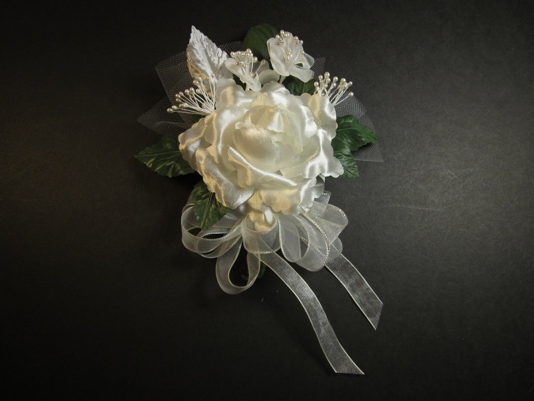 7" Handmade Corsage, 3" White Satin Rose and Iridescent Lace Ribbon Bow ...