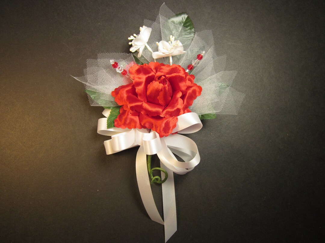 7" Corsage, 3" Red Satin Rose With White Ribbon Bow, Handmade for ...