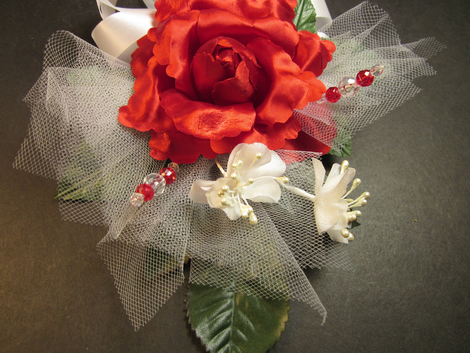7" Corsage, 3" Red Satin Rose With White Ribbon Bow, Handmade for ...
