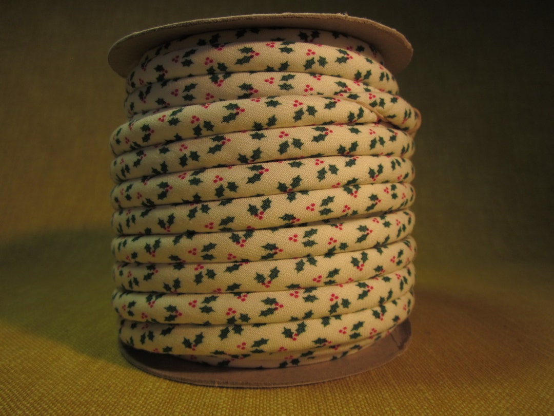 Off White Fabric Cord With Red and Green Holly Design, 5/16", 30 Ft ...
