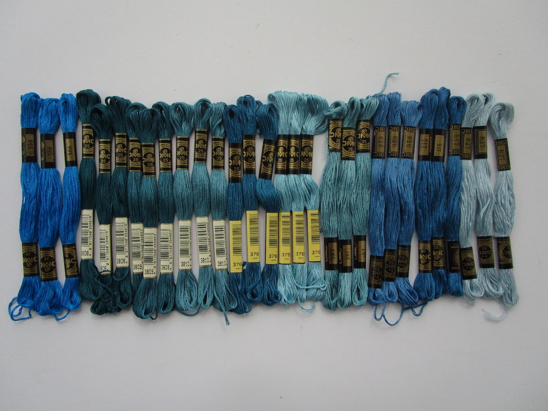 30 skeins,10 shades blue,steel,slate,teal,bright cobalt,DMC 8m cotton ...
