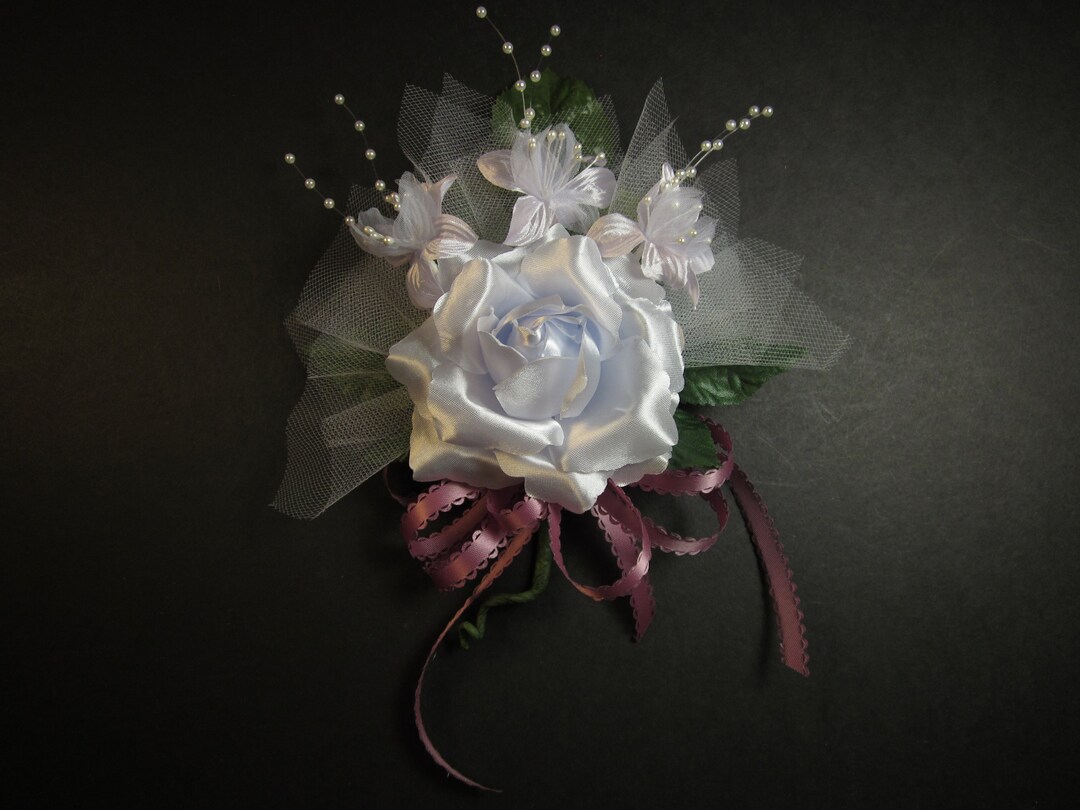 7" Handmade Corsage, French Blue (almost White) 3" Rose and Orchid ...