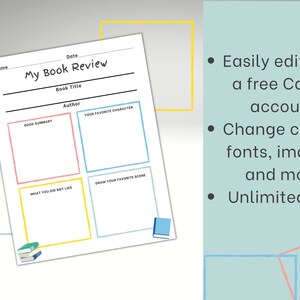 Elementary School Kids Book Review Canva Template - Reading Log - Book ...