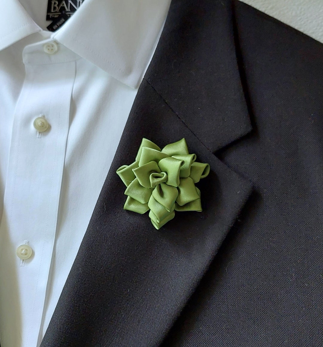 Sage Green Rose Flower Lapel Pin for Men - Kanzashi Brooch Boutonniere ...