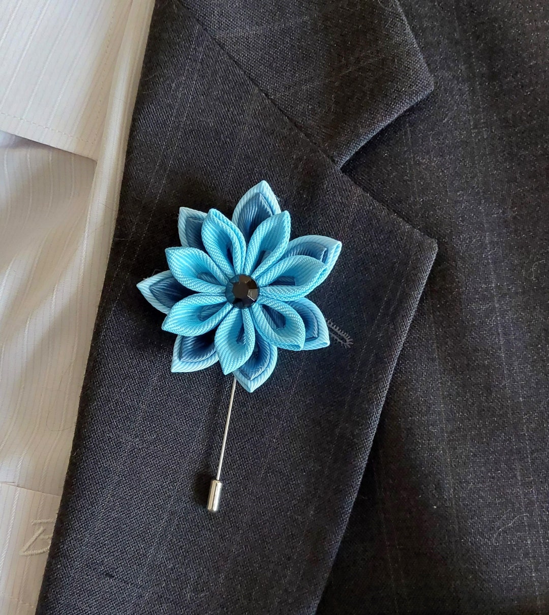 Elegant Blue Flower Lapel Pin - Handmade Kanzashi Brooch for Men's Suit ...