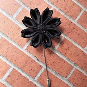 Men's Black Flower Lapel Pin - Kanzashi Brooch Boutonniere for Men's ...
